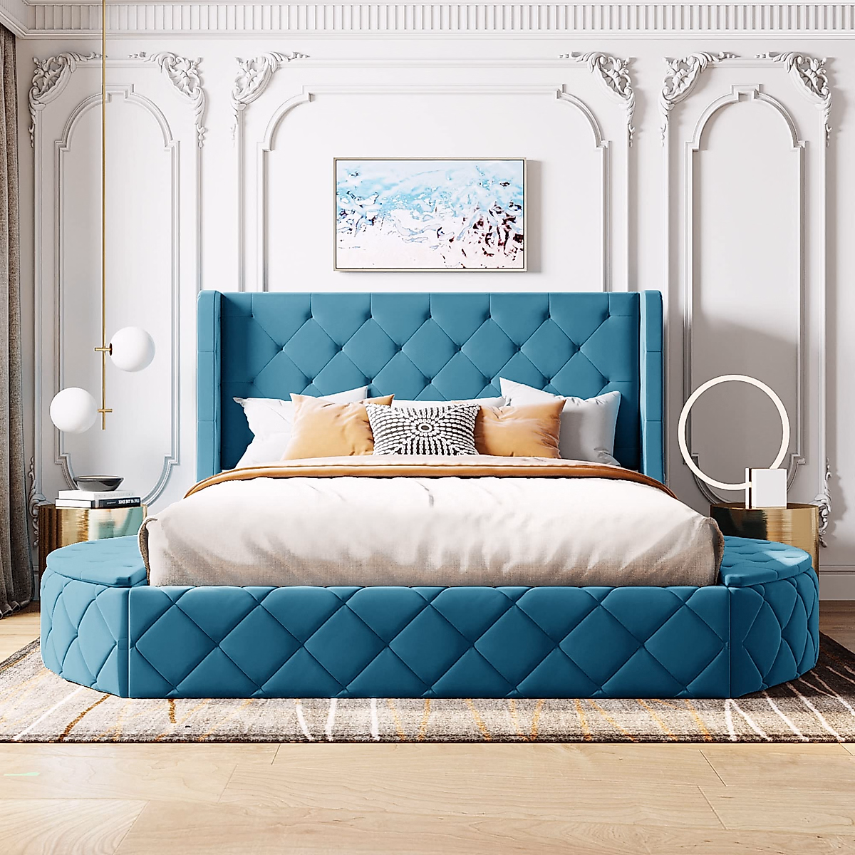 LCH Upholstered Bed,Queen Size Upholstered Platform Bed with Additional Storage Space,Velvet Bed with Wingback Headboard and 1 Big Drawer,2 Side Storage Stool for Bedroom and Guest Room,Blue