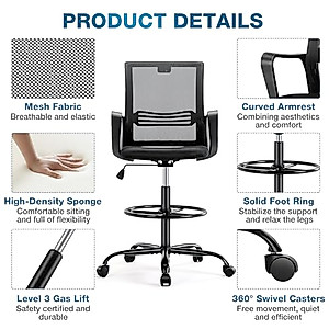 HOMEFLA Mid-Back Mesh Drafting Chair - Tall Office Chair with Armrest Standing Desk Chair Counter Height with Adjustable Foot Ring (Black)
