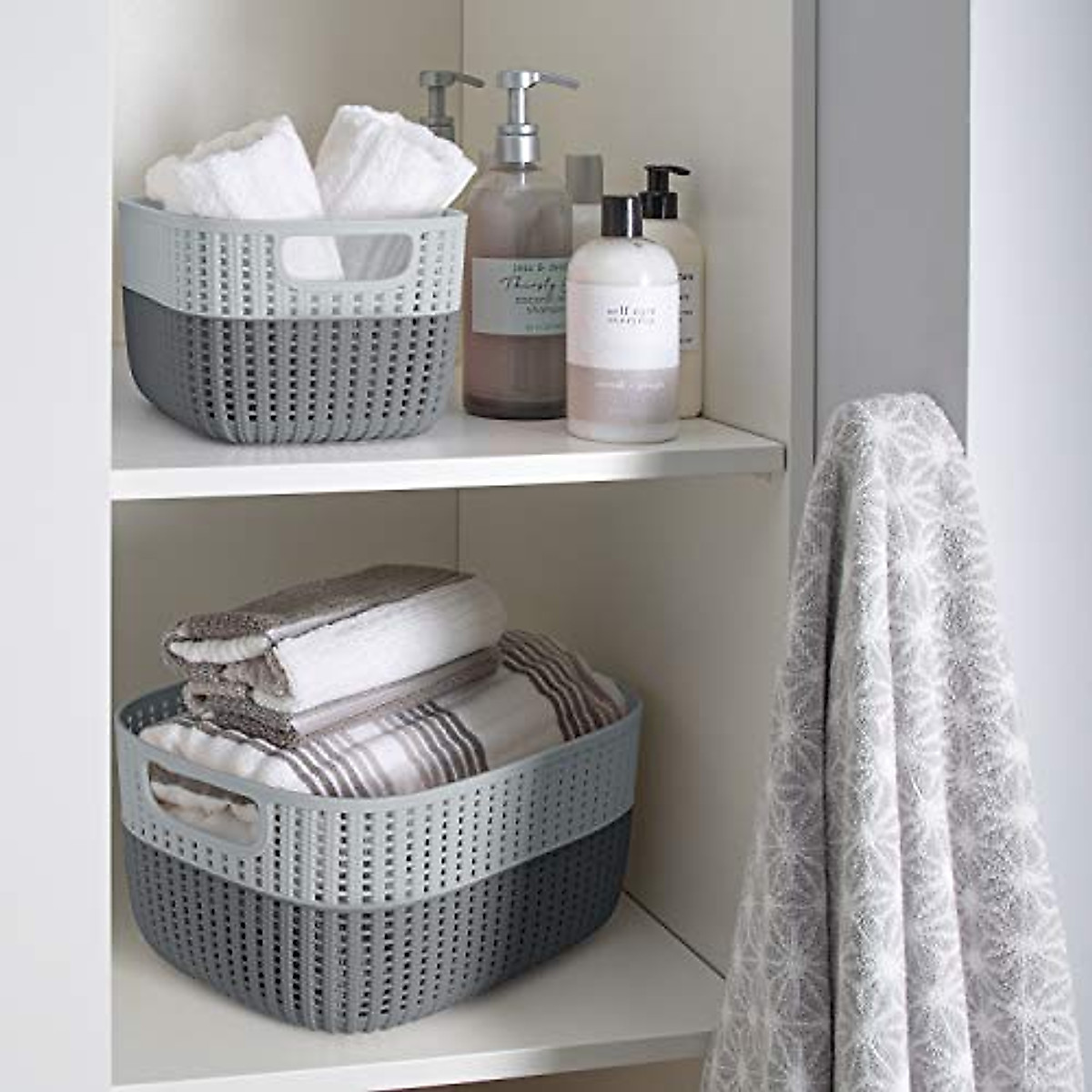 Simplify 2 Tone Sailor Knot Plastic Storage Tote | Decorative Basket | Closet Organization | De-clutter | Accessories | Toys | Bathroom Organization | Large | Grey/Grey