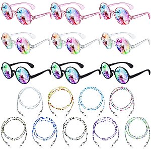 Yunsailing 9 Pairs Kaleidoscope Rave Glasses with 9 Beaded Glasses Strap Rainbow Rave Goggles Prism Fun Sunglasses Eyeglass Chain for Carnival Party Festival Accessories
