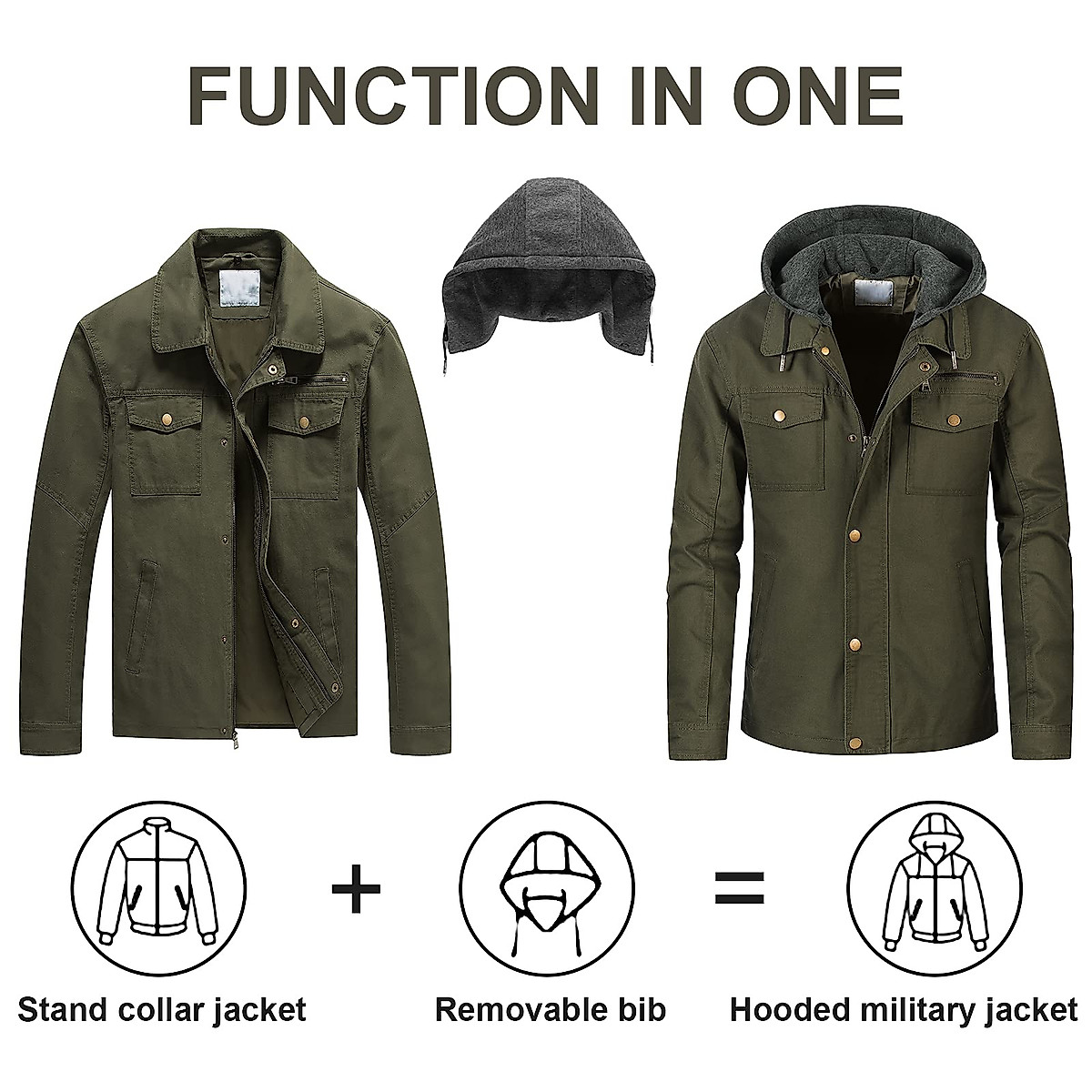 Pursky Men's Spring Fall Casual Windbreaker Army Jacket Cargo Cotton Hooded Military Bomber Coat L Army Green