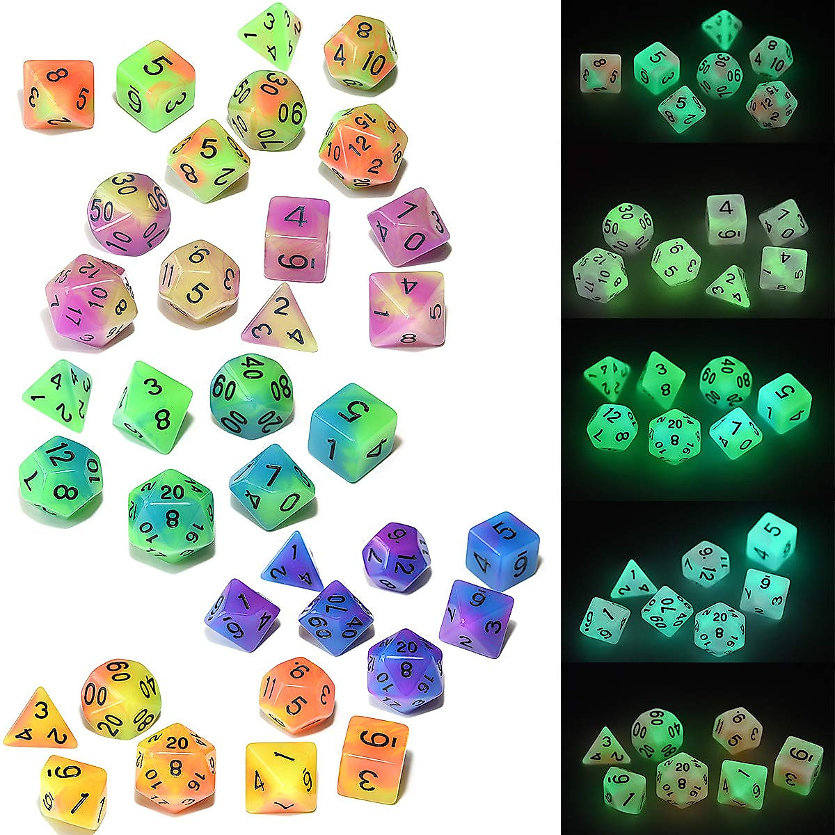 Double Color Glow in The Dark Dice Set 35 Pieces Polyhedral Dice for RPG DND MTG Games Include Black Velvet Pouch