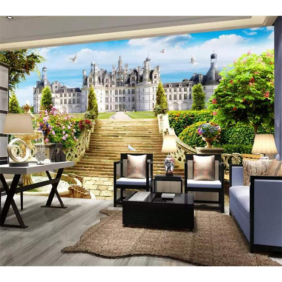 Custom Wallpaper 3D Photo Mural European-Style Garden Castle Landscape Wall Sticker 3D Wallpaper Wall Mural,200(W)140(H)cm