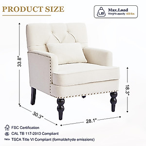 HUIMO Tufted Club Chair,Accent Chair with Lumbar Pillow, Upholstered Button Armchair, Linen Fabric Sofa Chairs for Bedroom, Living Room, Mid Century Modern with Studded Reading Chair Beige