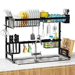 MERRYBOX Over The Sink Dish Drying Rack, 2-Tier Adjustable Length (25.6-33.5in), Stainless Steel Dish Drainer with Cutting Board Holder, Large Dish Rack for Kitchen Counter Organizer Space Saver