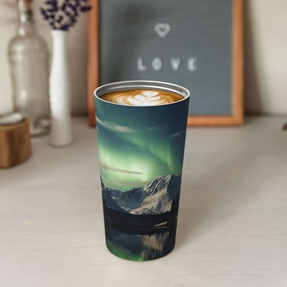 GTKSYNVE Reusable Coffee Mug with Lid and Handle, Northern Aurora Night Tumbler for Hot & Cold Drinks 16oz Stainless Steel Insulated Coffee Tumblers Double Wall Vacuum Thermal Cup