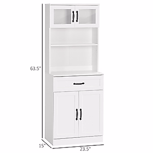 HOMCOM Freestanding Kitchen Pantry, 4-Door Buffet Cabinet with Hutch, Coffee Bar with Adjustable Shelves, 63.5 Inches, White