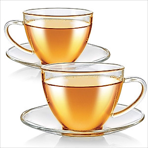 Teabloom Royal Teacup and Saucer Set 2-Pack – Standard Teacup Size – 6 OZ/ 180 ML Capacity – Crystal Clear Classic Design – Premium Borosilicate Glass – Durable and Heat Resistant