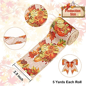 6 Rolls Fall Burlap Ribbons 2.5 Inch Wired Edge Pumpkin Maple Leaf Ribbon Rustic Harvest Truck Orange Plaid Ribbon for Autumn Thanksgiving Gift Wrapping DIY Wreath Crafts, 30 Yards
