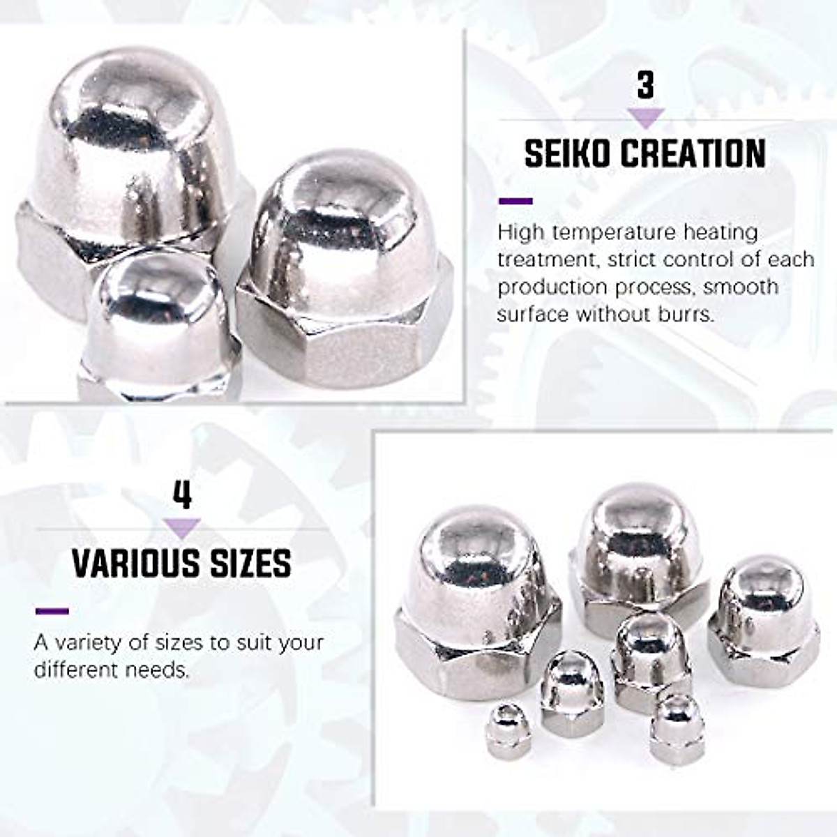 100Pcs 304 Stainless Steel Serrated Metric Acorn Cap Nuts Hex Dome Cap Assortment Kit, 7 Sizes - M3 M4 M5 M6 M8 M10 M12