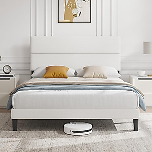 HOWE Queen Size Bed Frame, Upholstered Platform Bed with Adjustable Headboard, Sturdy Bedframe Linen Fabric/Easy Assembly/No Box Spring Needed/Noise-Free/Cream