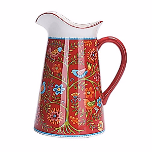 Bico Red Spring Bird Ceramic 2.5 Quarts Pitcher with Handle, Decorative Vase for Flower Arrangements, Dishwasher Safe