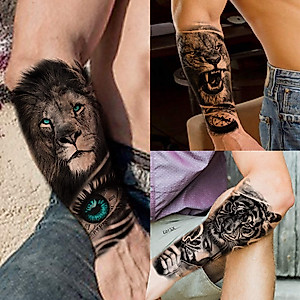 67 Sheets 3D Black Tribal Realistic Temporary Tattoos for Men Women Adults - Tiger Lion Gladiator Temp Skull Fake Half Arm Sleeve Tattoos Sticker