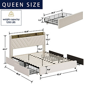DIYSET Queen Bed Frame with Charging Station Headboard, Upholstered Platform Bed Strong Wooden Slats Support, with 4 Storage Drawers, Noise-Free, No Box Spring Needed, Easy Assembly, Beige