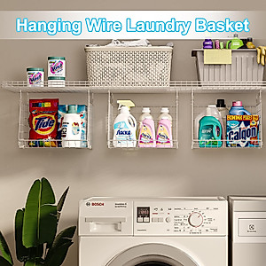 3-Tier Hanging Laundry Basket Organizer：Foldable Wire Shelf Laundry Room Organizer with 360°Rotating Hooks Space Saving Over Washer and Dryer Shelves - Metal laundry organization and storage, white