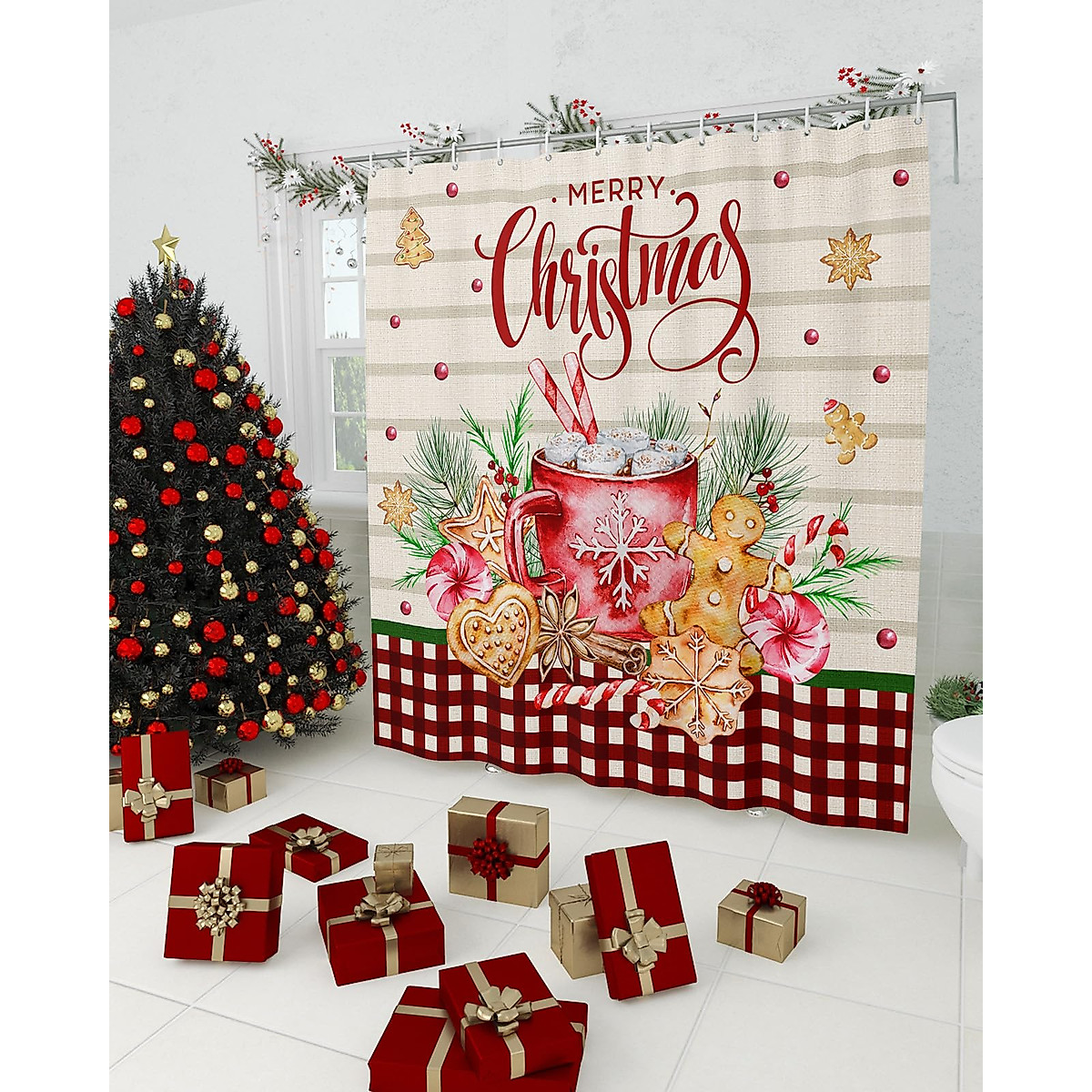 Christmas Fabric Shower Curtain 72x72 Inch, Christmas Hot Cocoa Cotton Candy Gingerbread Man Shower Curtain for Bathroom with Hooks,Waterproof Bath Shower Curtain Sets Decorative Bathroom Accessories