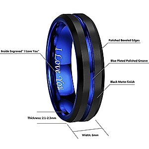 4mm 6mm 8mm 10mm Blue Groove Black Matte Finish Tungsten Carbide Wedding Band Ring Engraved I Love You (6mm,10.5)