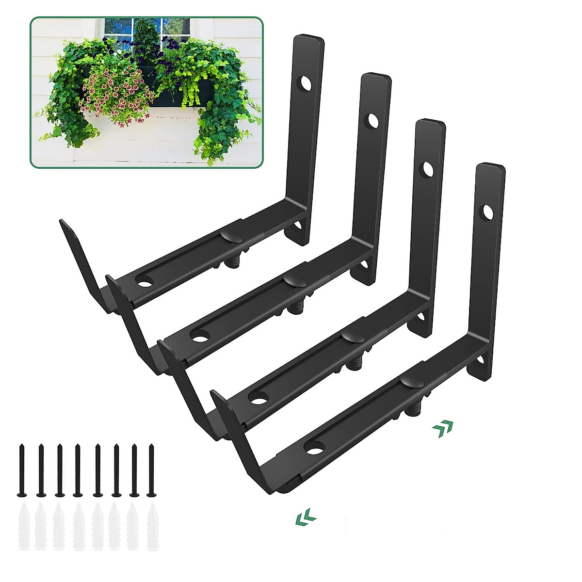 Adjustable Window Planter Box Brackets (6 to 12.5 in),Heavy Duty Wall Mount Holder for Windowsills,4 Packs Outdoor Hanging Brackets,Black