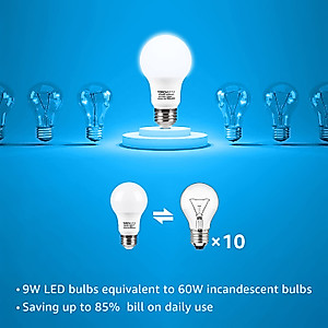 TORCHSTAR A19 LED Light Bulbs 60W Equivalent, UL Listed, 5000K Daylight, Dimmable, 9W, 800lm, Flicker Free, E26 Standard Base LED Bulb for Ceiling Fan, Lamp, 15,000hrs, Pack of 6