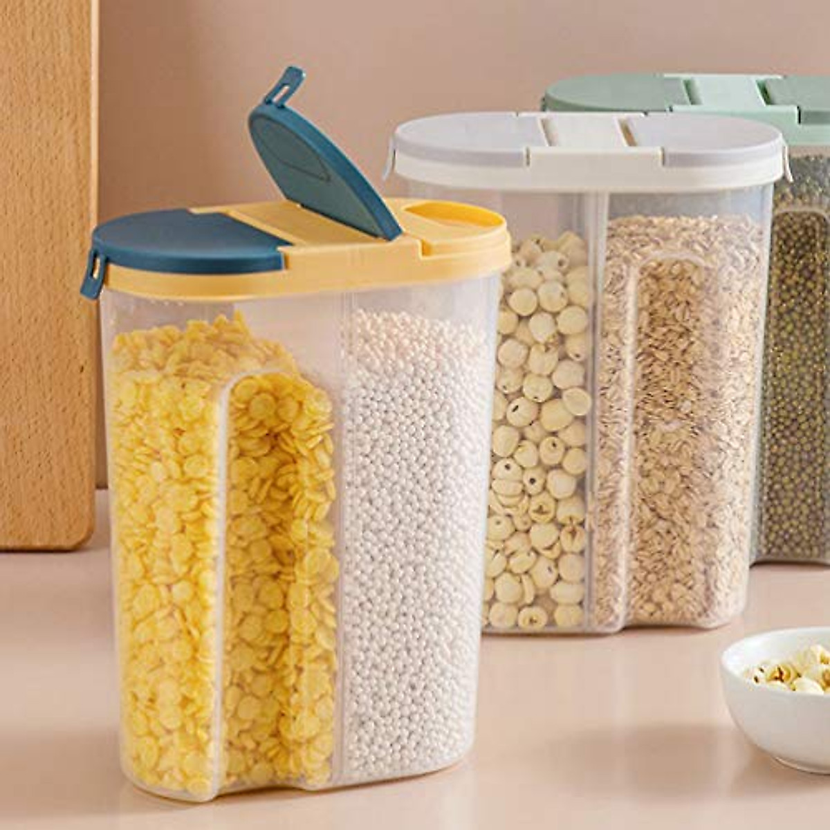Cabilock Airtight Food Storage Containers Cereal Dispenser Container 2 Compartments Kitchen Food Storage Containers For Cereal Chips Nuts Pasta Rice Snacks Storaging (Blue)