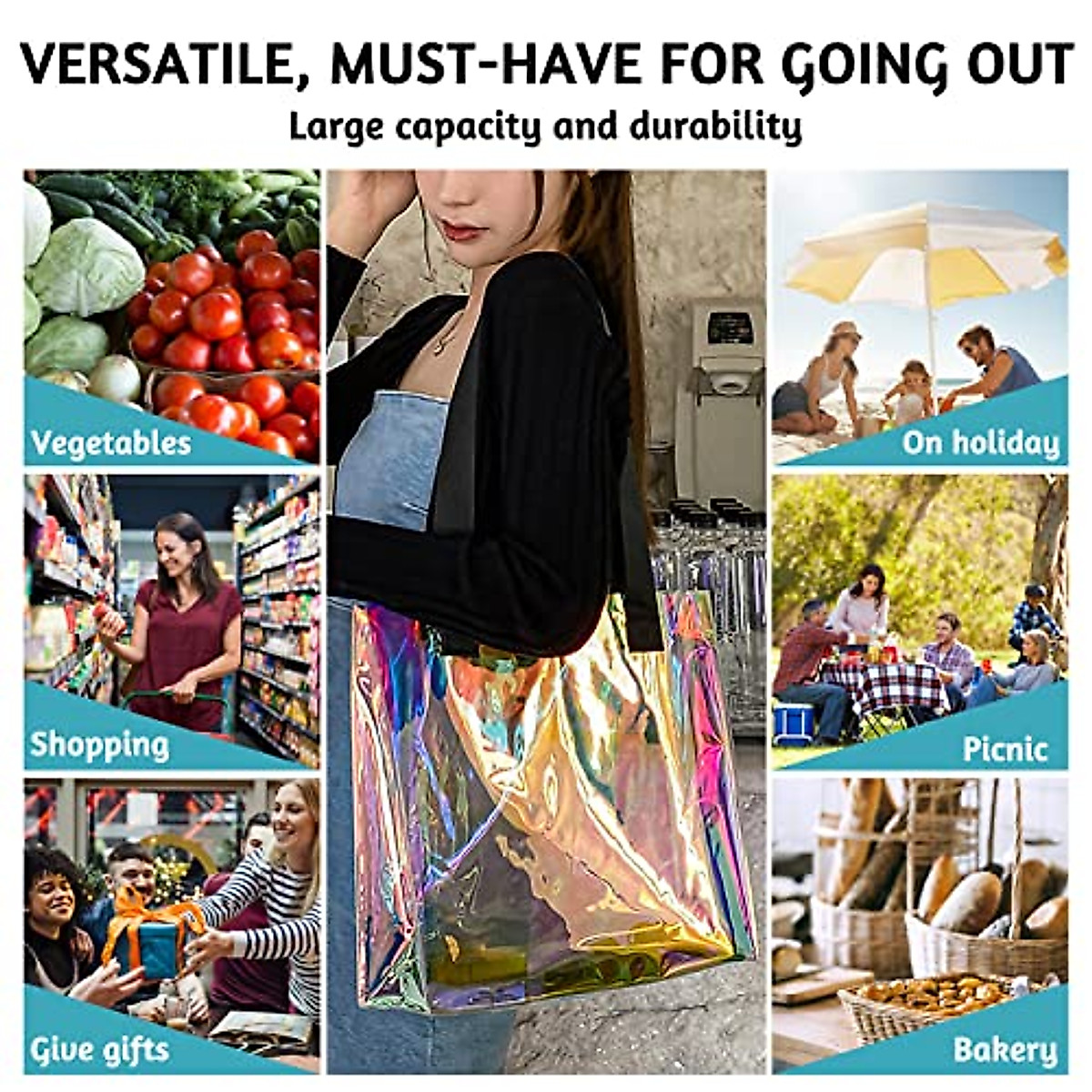 Holographic Clear Tote Bag for Stadium Concert, Fashion Iridescent Tote Handbag for Women Christmas Gift, Large Waterproof Fans Bag for Sport Game