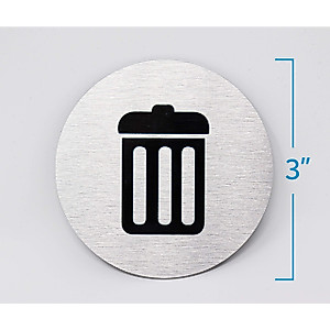 Metal Trash Signs | 3" Garbage Bin Marker | Metal Sign for Waste Basket | Brushed Silver Aluminum Sign with Black Trash Symbol | Ready to Hang | Made in USA