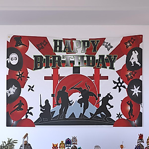 Nelton Ninja Party Supplies Includes Cake Topper, 24 Cupcake Toppers, 20 Latex Balloons, Happy Birthday Backdrop, 1 Table Cloth , 1 Banner