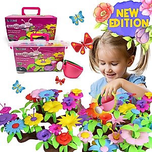 Liquidation! 105 Pcs Flower Garden Building Toys with Carrying Case and Watering Can, Build-A-Garden, Girls Gifts for Ages 3 4 5 6 7, Creative Toddler Stem Activities, Best Educational Kids Playset