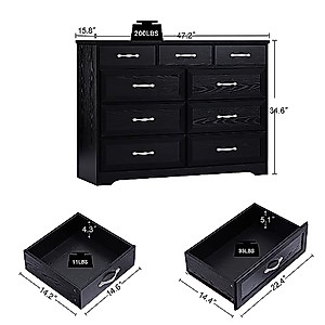 MengK Bedroom Dresser, 9 Drawer Long Dresser with Antique Handles, Wood Chest of Drawers for Kids Room, Living Room, Entry and Hallway, Black, 47.2'' W x 15.8'' D x 34.6'' H.