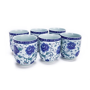 THY COLLECTIBLES Set Of 6 Eastern Asian Design Ceramic Tea Cups In Blue-And-White Peony - 8 OZ Capacity Each