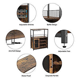 IDEALHOUSE 3-Tier Wine Bar Cabinet with Detachable Wine Rack and Drawer, Industrial Sideboard and Buffet Cabinet with Glass Holder and Mesh Door, Rustic Brown