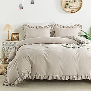 Andency Khaki Duvet Cover Full(79x90Inch), 3 Pieces(1 Ruffled Duvet Cover and 2 Pillowcases) Farmhouse Shabby Chic Duvet Cover, Soft Microfiber Duvet Cover Set with Zipper Closure & Corner Ties