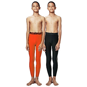 DEVOPS Boys 2-Pack UPF 50+ Compression Tights Sport Leggings Baselayer Pants (Small, Black/Orange)