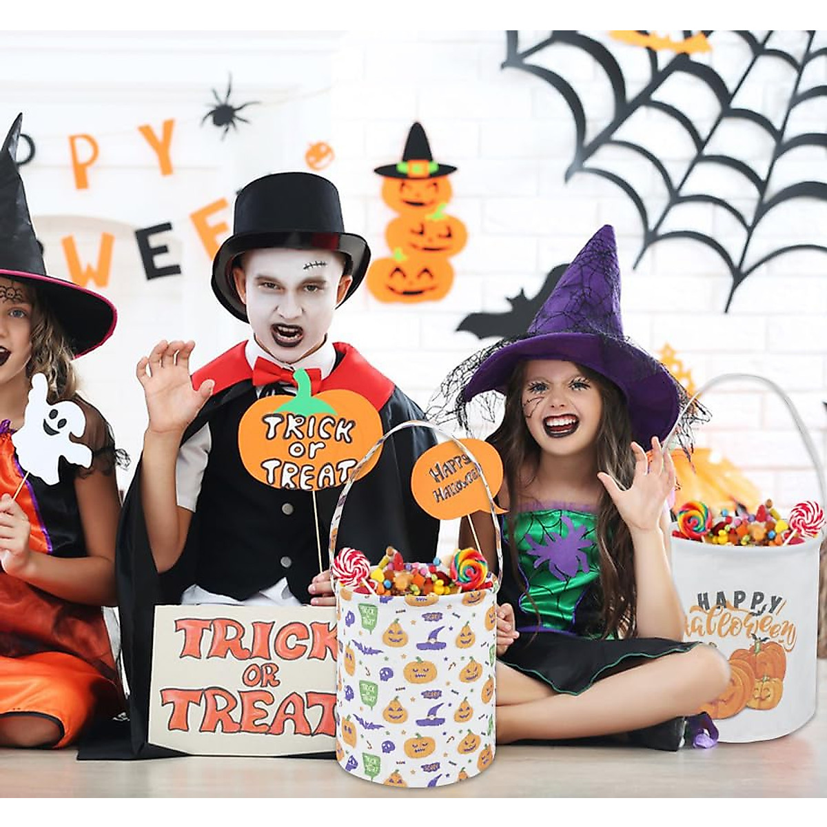 DDBASKET Halloween Bucket Halloween Trick or Treat Candy Bucket Pumpkin Pattern Halloween Party Tote Bags Gift Basket Goody Bucket for Kids Halloween Party Supplies(Spooky Pumpkin)