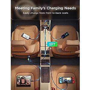 60W USB Car Charger - AINOPE [4 Multi USB Ports] [QC 36W] Fast Car Charger Adapter[5FT Cable] QC 3.0 Cigarette Lighter Adapter Back Seat Charging for iPhone Samsung iPad MacBook Fire Tablet and More
