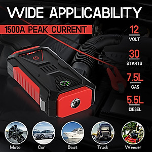 Sunhe Jump Starter, 1500A Peak 12V Portable Car Battery Charger Jump Starter for up to 7.5L Gas/5.5L Diesel Engines, 16800mAh Power Bank Smart Safety Clamp, Hammer LED Light for Auto/Truck/Motorcycle