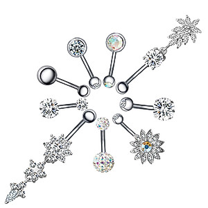 JDXN 6-8PCS 14G Stainless Steel Belly Button Rings CZ Pineapple Dangling Dangle Navel Ring Body Piercing (9PCS/SET Silver)