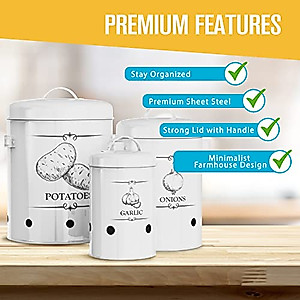 Houseables Potato Storage, Onion Bin, Garlic Container, 6"x4", 10"x9", 9"x6", Set of 3, Metal, White, Vegetable Keeper, Potatoes Basket, Kitchen Pantry Canister, Countertop Veggie Holder, Rustic