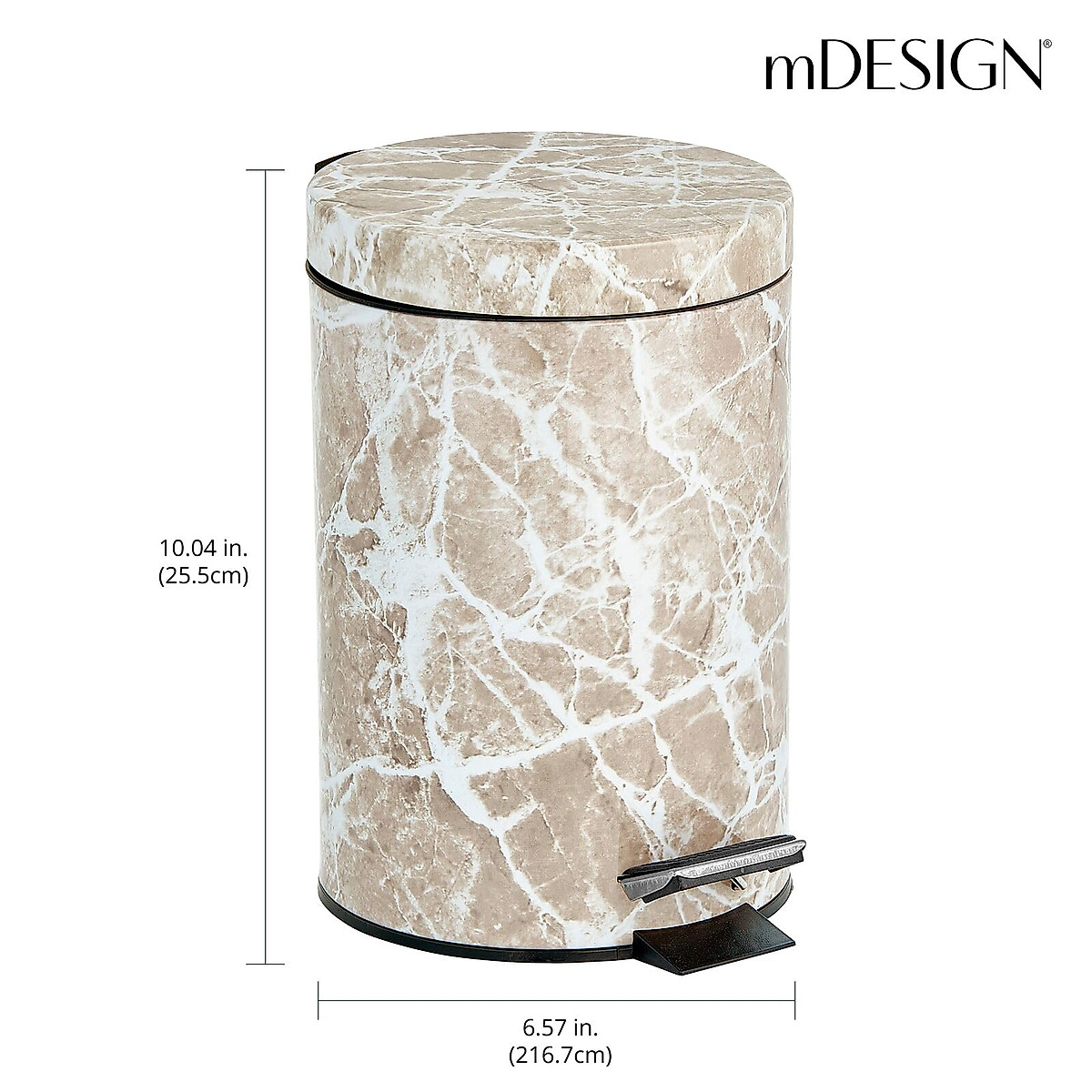 mDesign Small Modern 3-Liter / .7 Gallon Round Metal Lidded Step Trash Can, Compact Garbage Bin with Removable Liner Bucket and Handle for Bathroom, Kitchen, Office, Garage - Taupe Marble Print