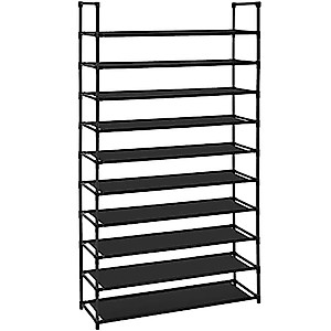 Camabel 10 Tiers Shoe Rack Capacity 130lbs for 60 Pairs Stackable Narrow Expandable Non-Woven Fabric Shoe Storage Organizer Cabinet Tower Shelf Space Saving Assembly High Shoes Black BG361
