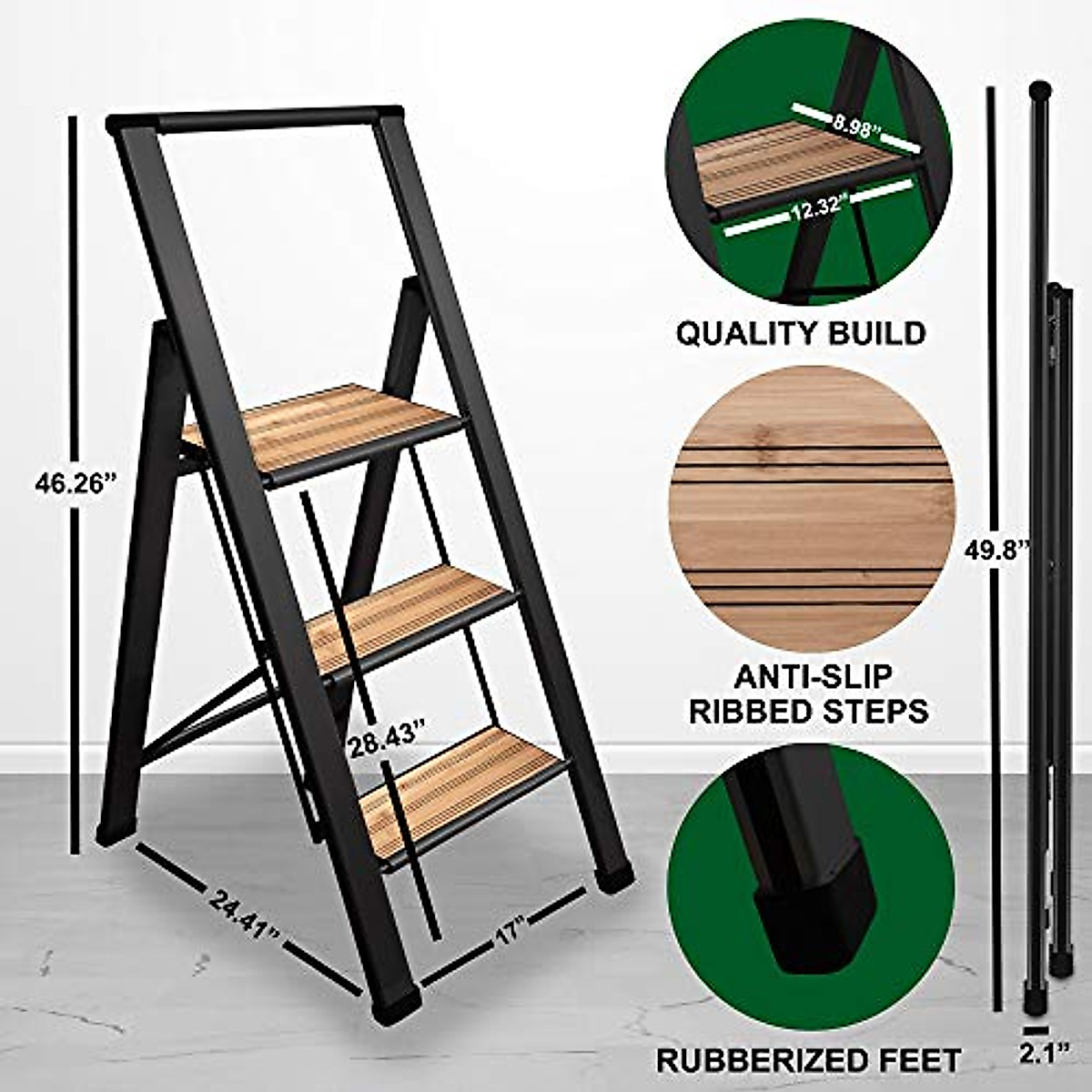 Step Ladder 3 Step Folding, Decorative - Beautiful Bamboo & Black Aluminum, Ultra Slim Profile, Anti Slip Steps, Sturdy-Portable for Home, Office, Kitchen, Photography Use,by SORFEY
