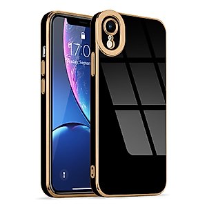 Lafunda Compatible with iPhone Xr Case, Cute Luxury Plating for Women Girls Elegant Golden Edge Pretty Shockproof TPU Bumper Cover with Silicone Camera Protective Phone Case for iPhone Xr, Black