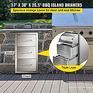 Happybuy 17''W x 30''H Triple Access Stainless Steel with Chrome Handle BBQ Island Drawers for Outdoor Kitchen or Grill Station