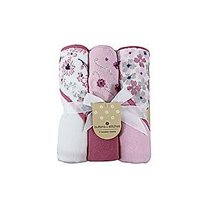 Cudlie Buttons & Stitches Baby Girl 3 Pack Rolled/Carded Hooded Towels in Crisp Blossom Print (GS71728)