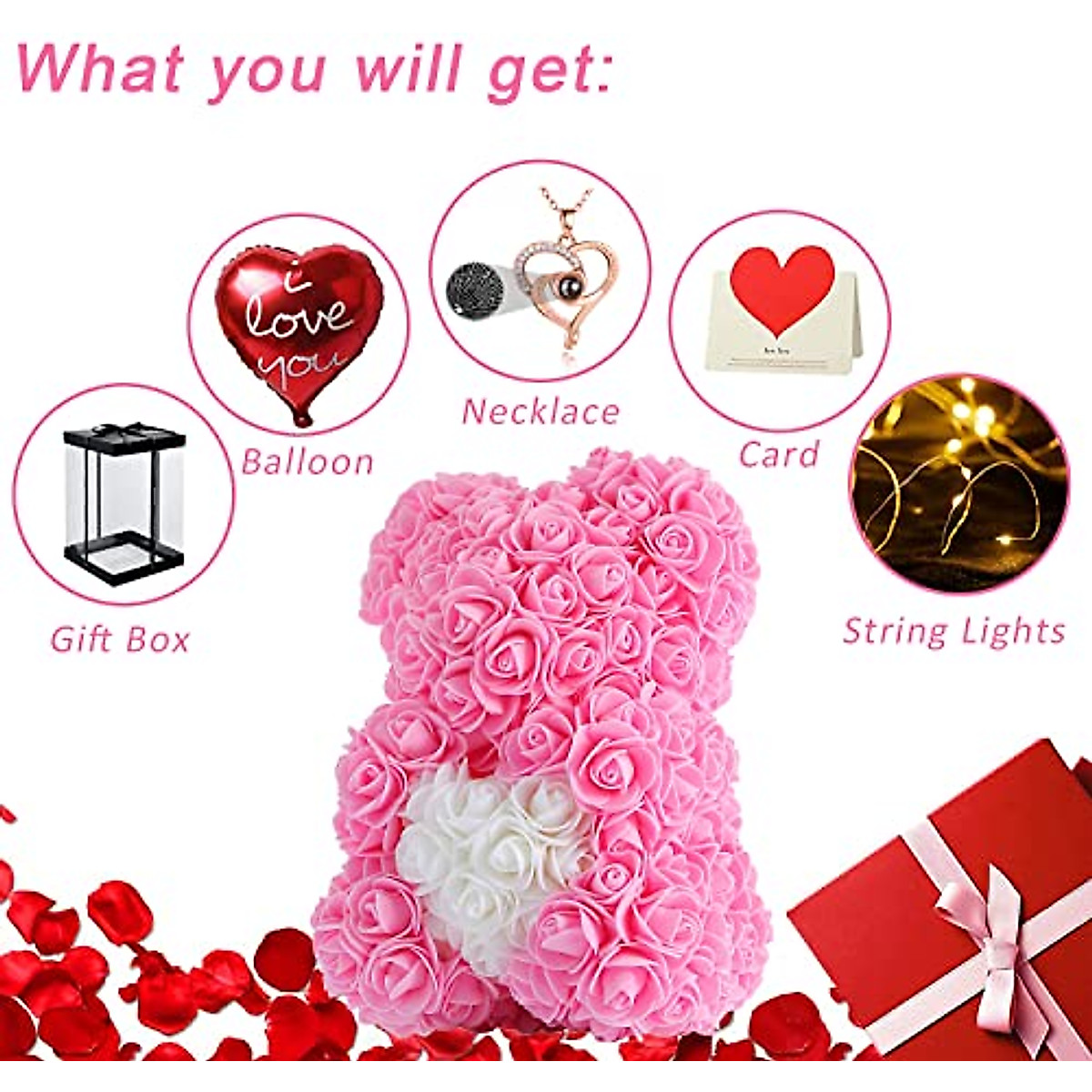 U UQUI Rose Bear Gifts for Her, Flower Bear Rose Teddy Bear with Box Lights Necklace Balloon Card, Cute Romantic I Love You Anniversary Birthday Gifts & Decorations