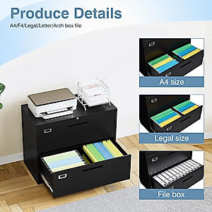 RAVIGIN 2 Drawer File Cabinet with Lock,Lateral Metal Black Filing Cabinets for Home Office 36" Wide Hanging Letter/Legal/F4/A4 Size (Require Assembly)