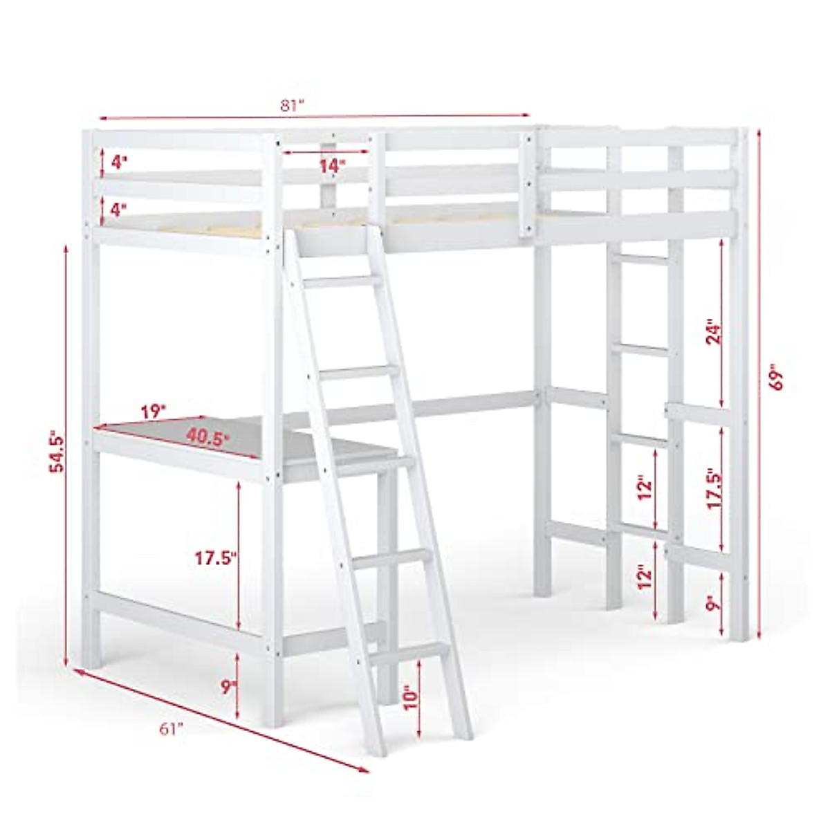 KOMFOTT Twin Loft Bed with Desk, Solid Wood Loft Bed Frame with 2 Ladders, Safety Guardrail for Teenagers and Adults, Space-Saving Loft Bed with Wooden Slats Support, No Box Spring Needed (White)