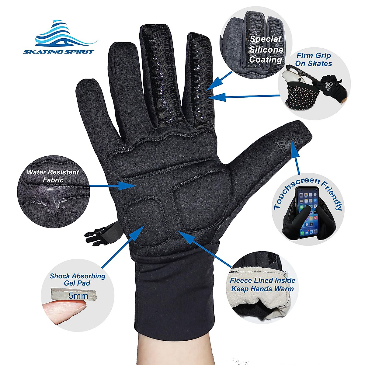 Skating Spirit Figure Skating Gloves for Kids and Adults, Padded Gel Palm Protection Water Resistant Warm Touchscreen Non Slip (M)