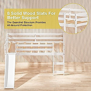 NAFORT Twin Loft Bed with Slide, Low Loft Bed with Stairs, Solid Wood Twin Loft Bed Frame for Girls Boys with Climbing Ladders Guard Rails and Slat Support - White