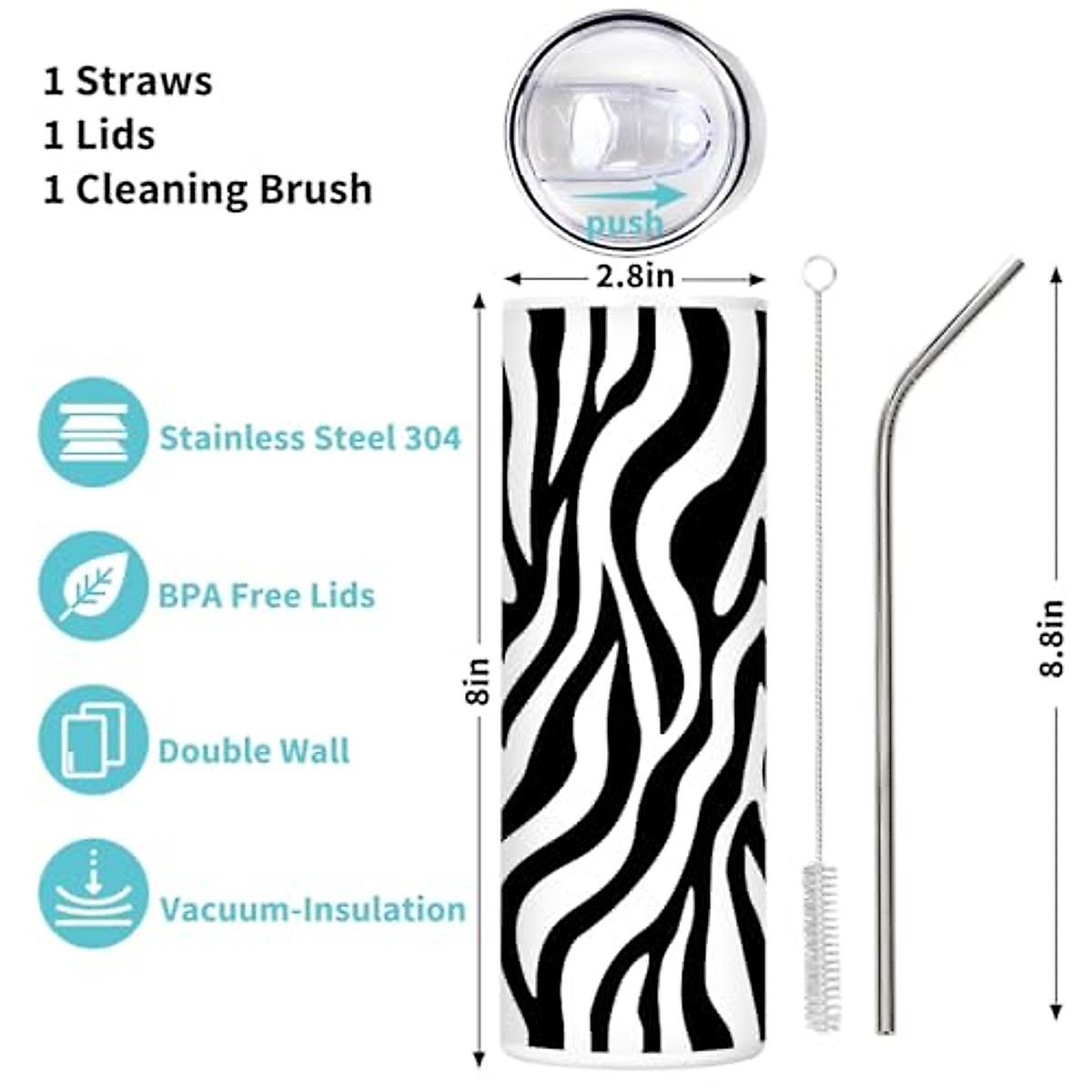 Honeybaby Trendy Zebra Coffee Tumbler 20 oz with Straw & Lid Leak Proof Tumbler Reusable Stainless Steel Tumblers Insulated Water Bottles Gifts for Women Men